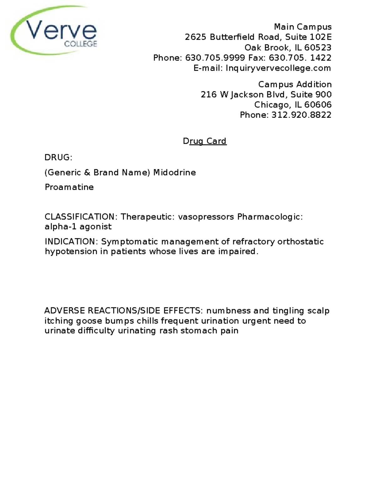 Midodrine (Proamatine) - Drug Card for Nursing Study - Studocu