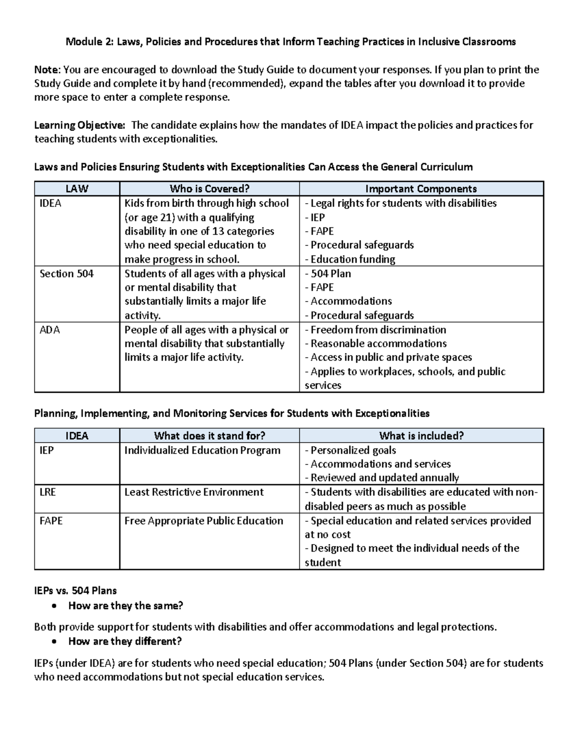 D096 Module 2 study guide: Laws and policies for inclusive teaching ...