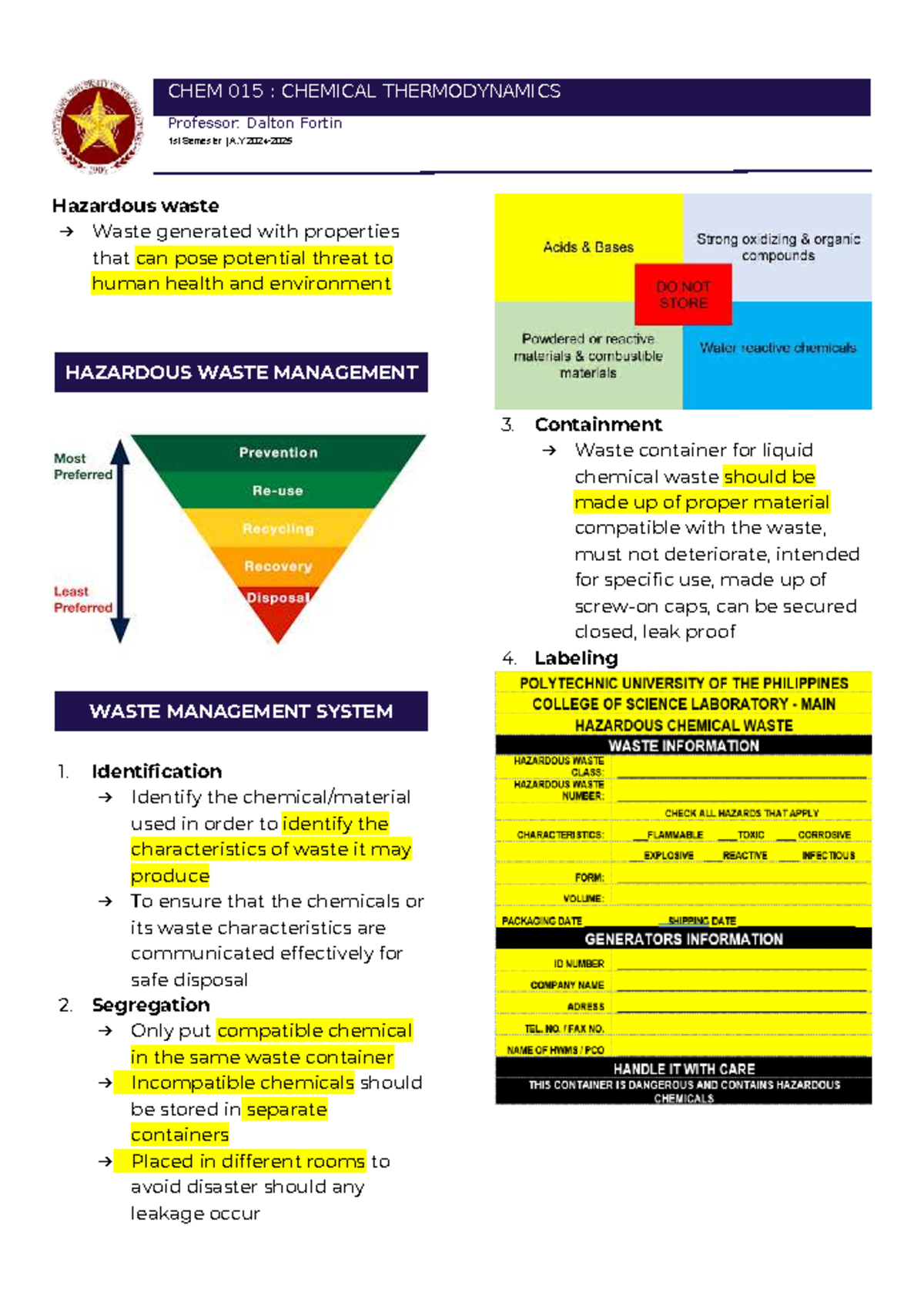 CHEM 015: Chemical Waste Management Guidelines and Practices - Studocu