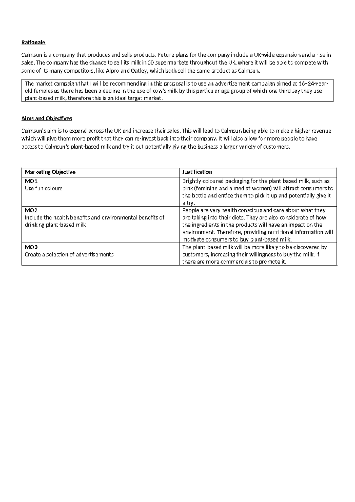 Unit 2 - Calmsun Marketing Strategy Proposal for Plant-Based Milk - Studocu