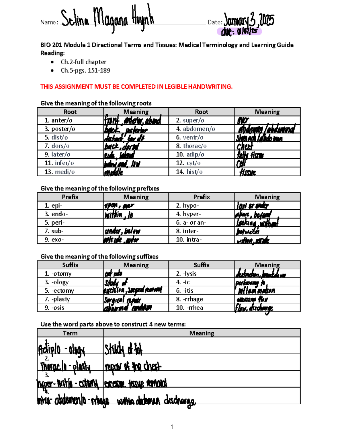 BIO 201 Module 1 Learning Guide: Directional Terms & Tissues - Studocu