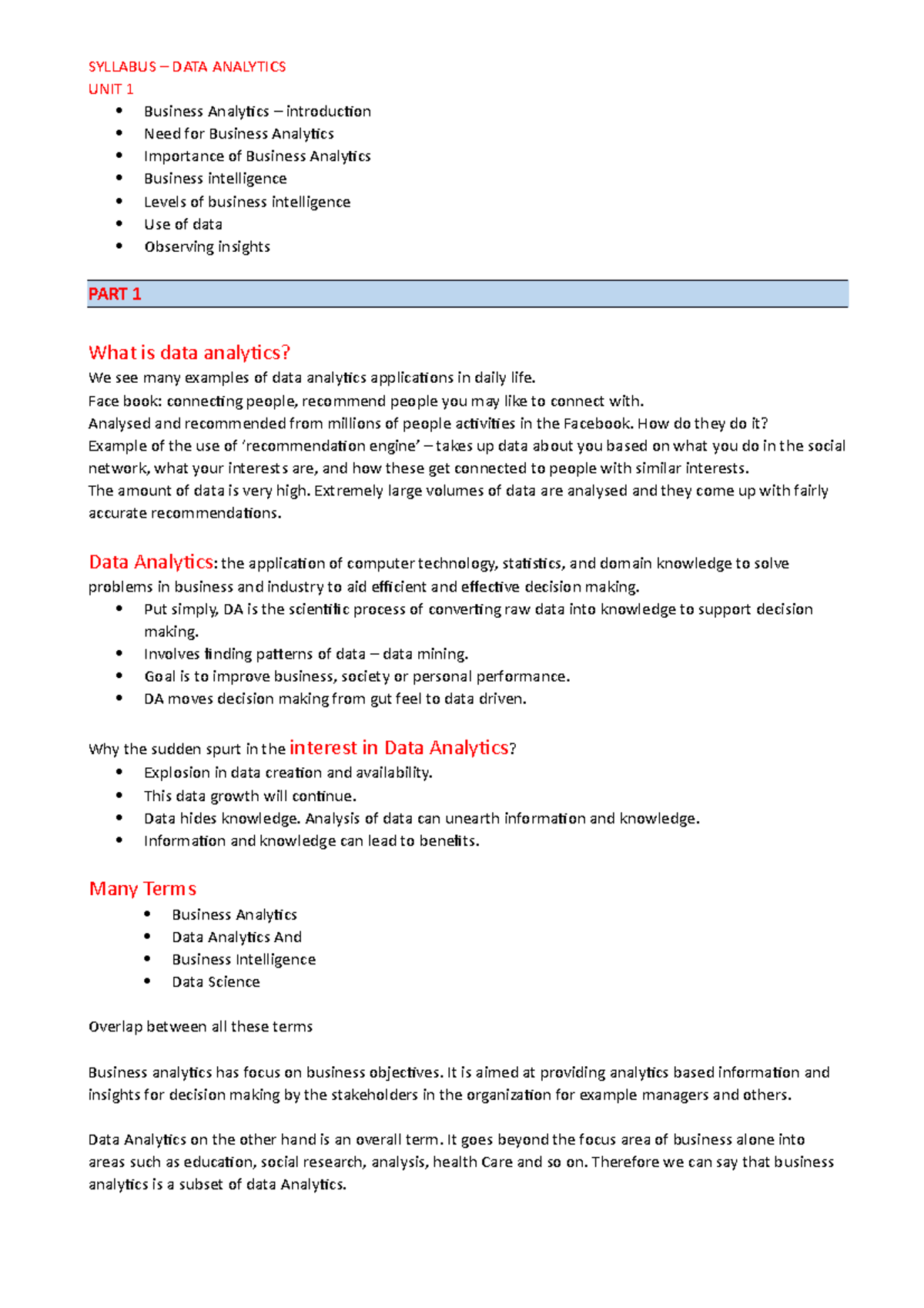 01 DA Unit 1 Class 1 - Lecture notes - SYLLABUS – DATA ANALYTICS UNIT 1 ...