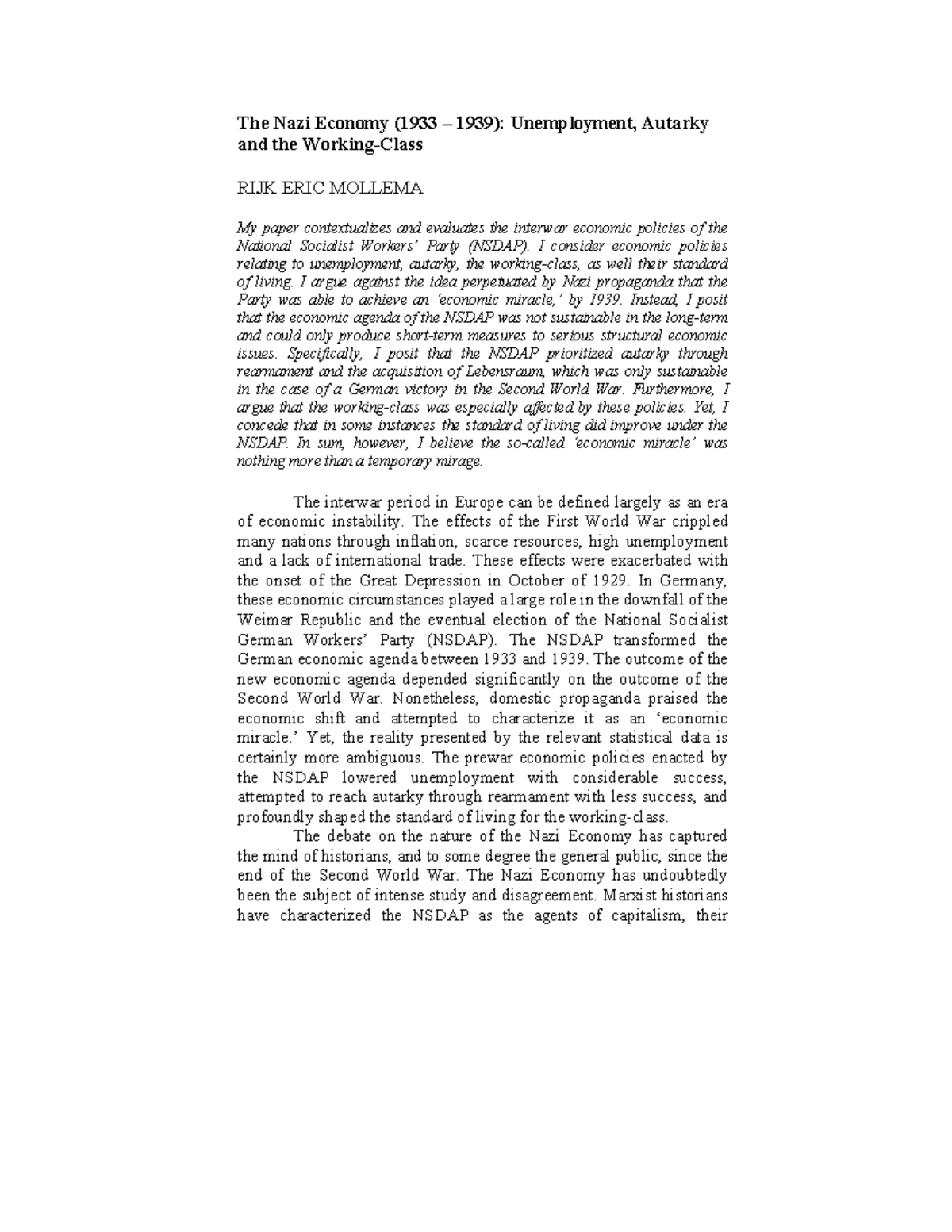 Nazi Economy 1933-1939: Evaluating Autarky and Working-Class Impacts ...