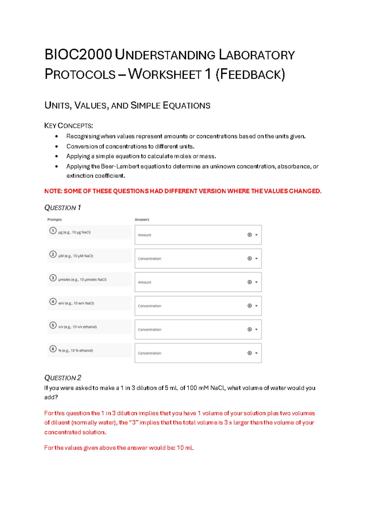 BIOC2000 Worksheet 1 With answers - BIOC2000 U NDERSTANDING L ABORATORY P ROTOCOLS – W ORKSHEET ...