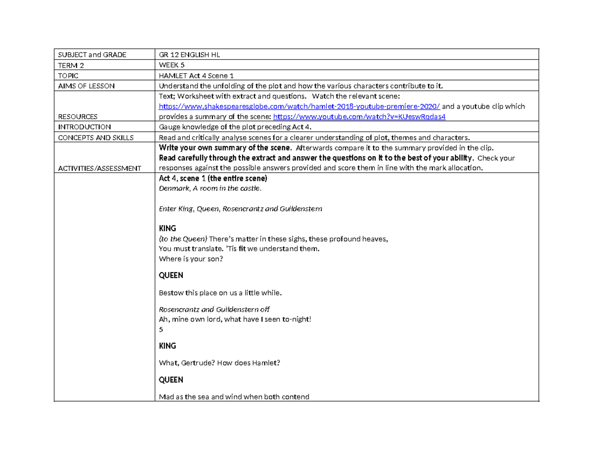 Week 5 EHL Gr 12 Hamlet Act 4 Scene 1 Lesson Notes - Studocu