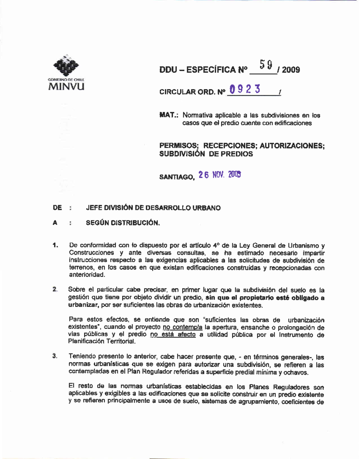 DDU-ESP-059-09 Normativa sobre Subdivisión de Predios en Chile - Studocu