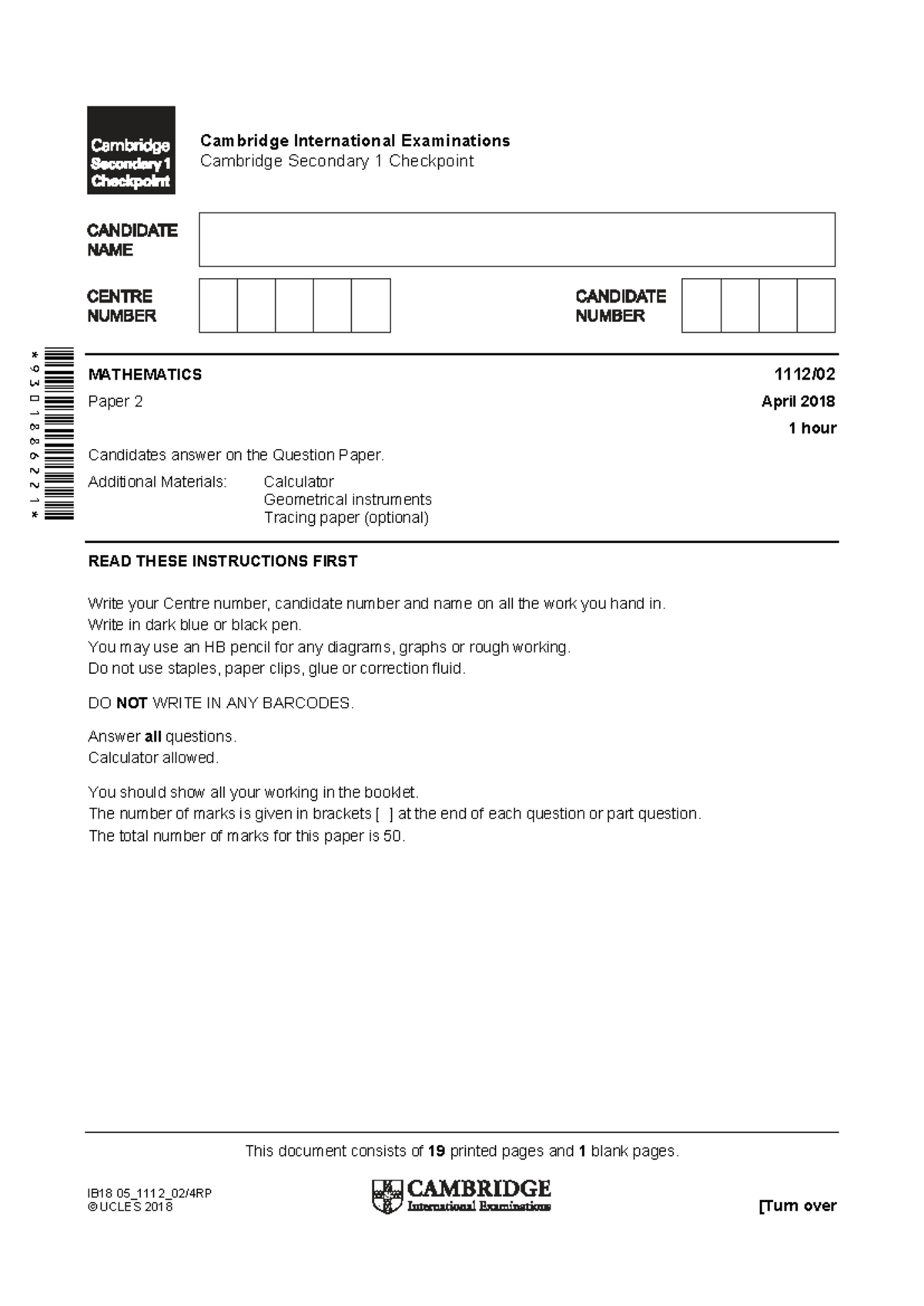 Cambridge International Examinations Checkpoint Mathematics Paper 2 ...