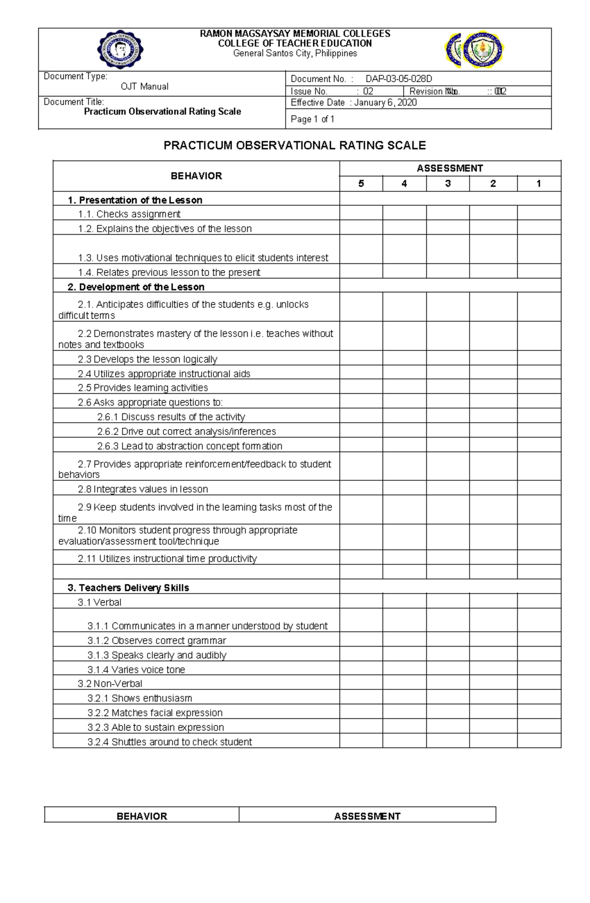 OJT Rating Sheet 2 - None - PRACTICUM OBSERVATIONAL RATING SCALE ...
