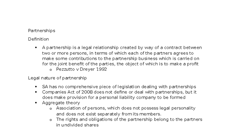 BE Law: Understanding Partnerships and Their Legal Nature - Studocu