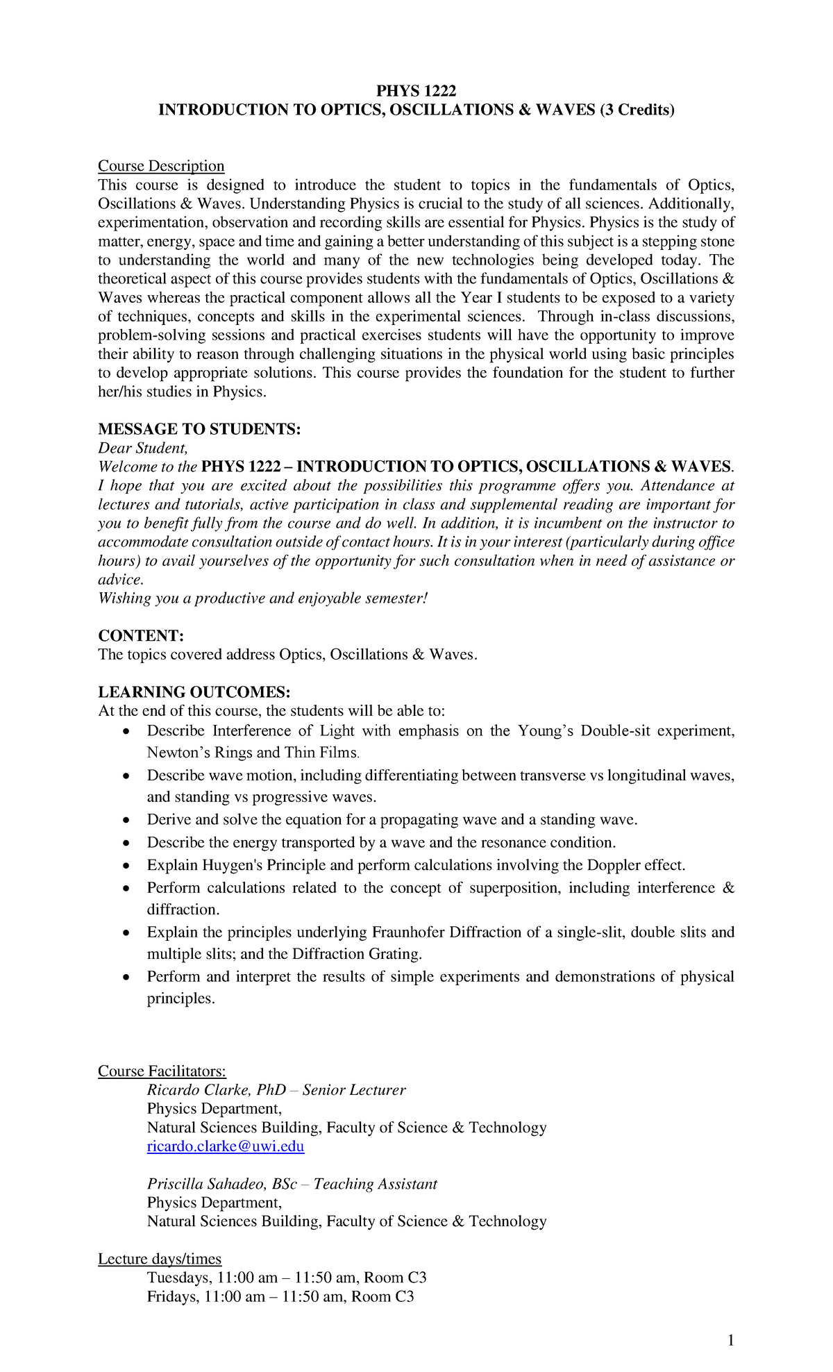 PHYS 1222: Course Outline for Optics, Oscillations & Waves - Studocu