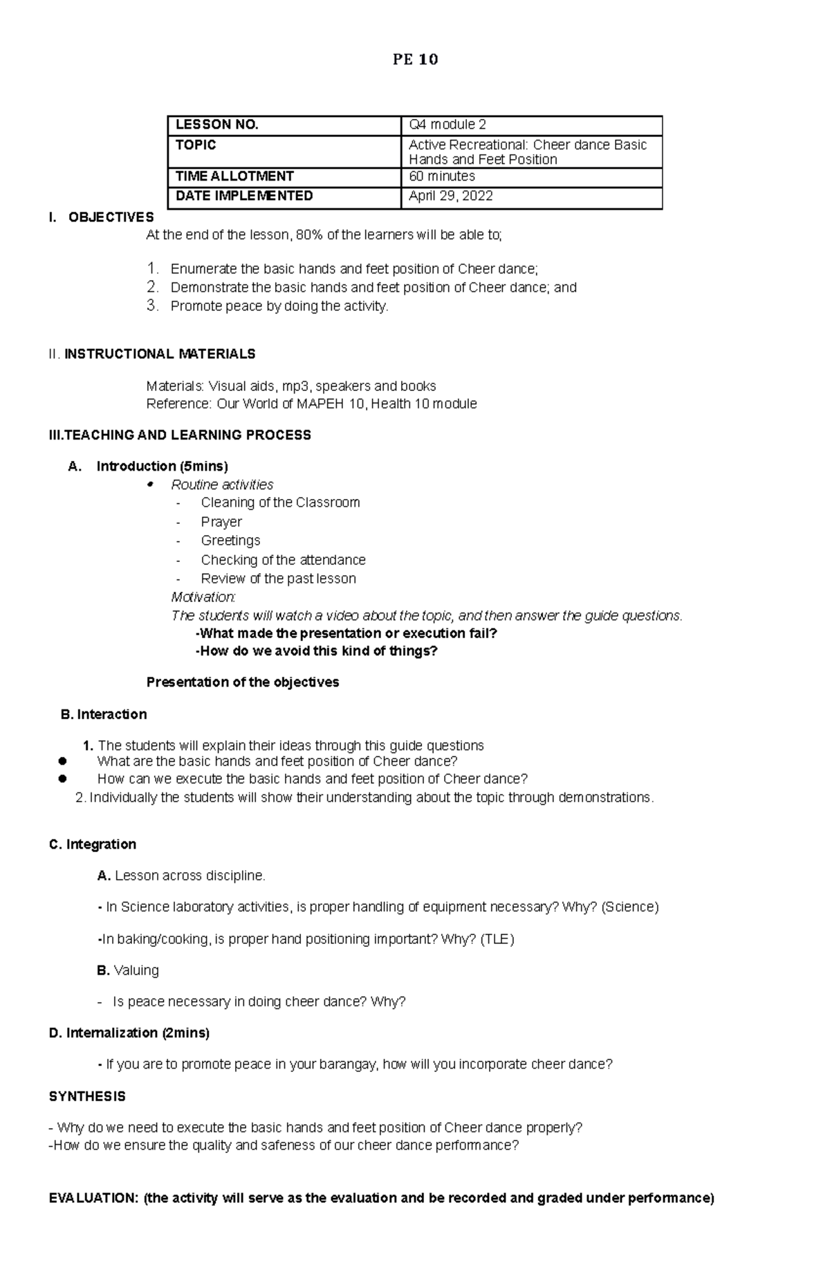 PE 10 Lesson on Cheer Dance: Basic Hands and Feet Positions - Studocu
