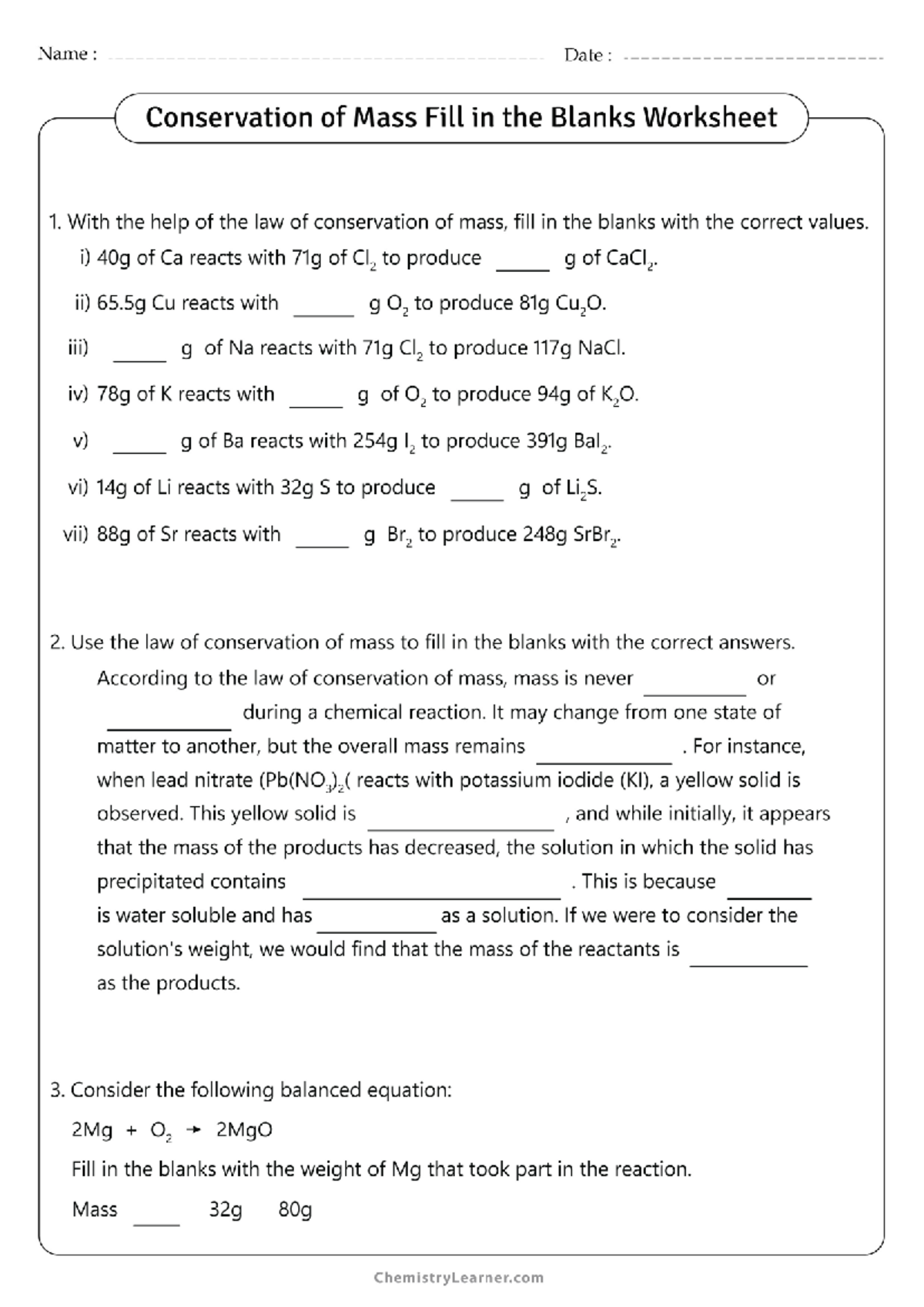 Conservation of Mass Worksheet (Chem 101) - Fill in the Blanks - Studocu