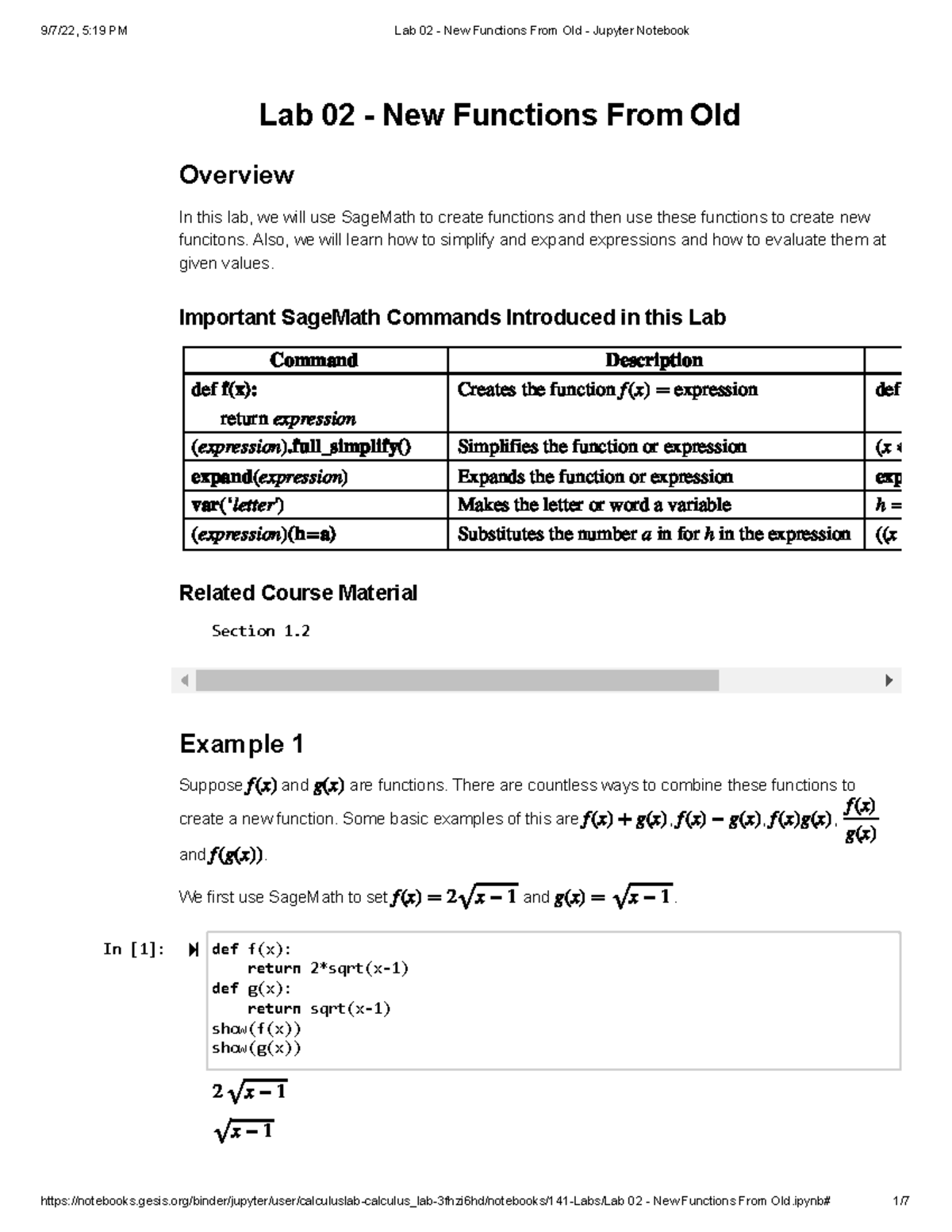 Lab 02 - Creating New Functions in SageMath - Jupyter Notebook - Studocu