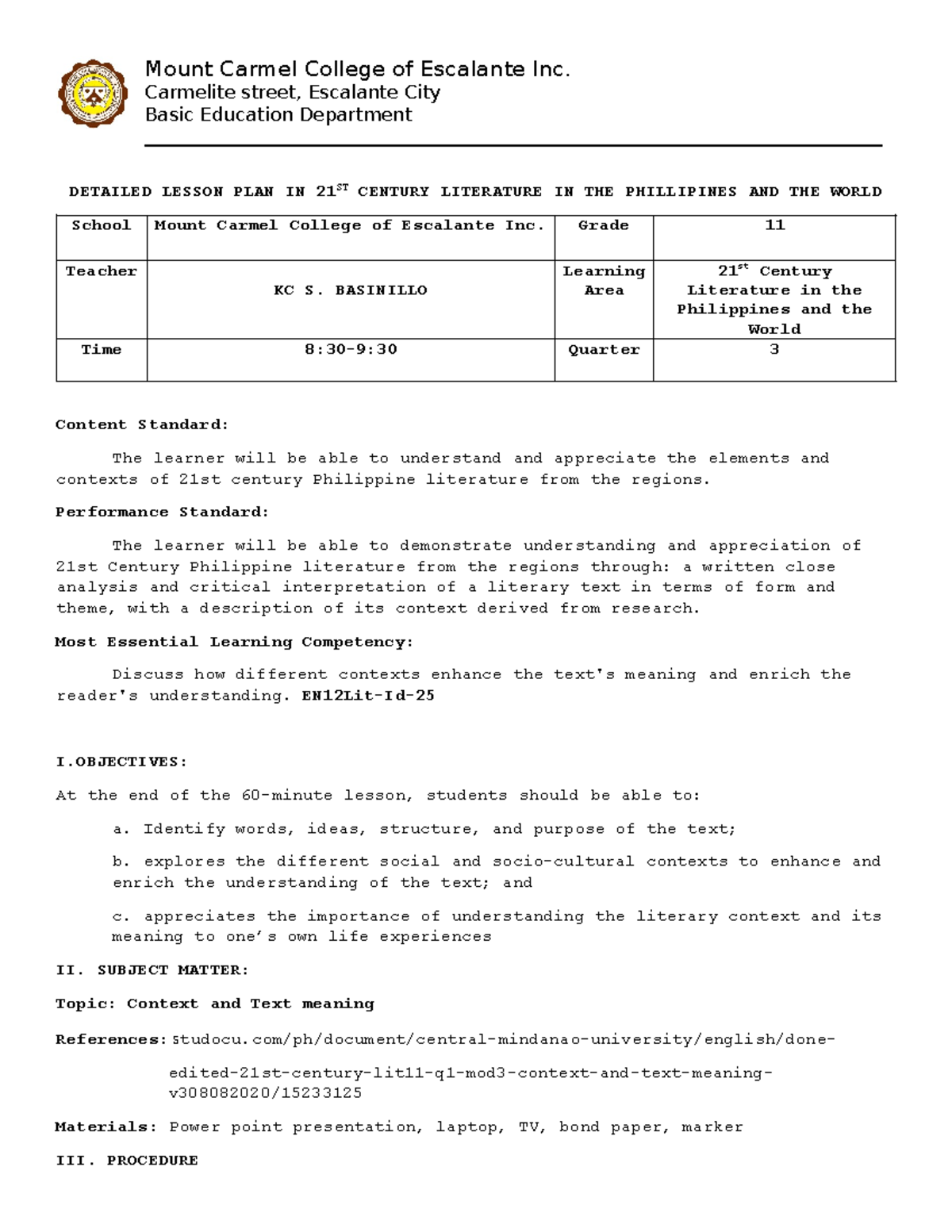 Grade 11 KC DETAILED LESSON PLAN: Context and Text Meaning in 21st ...