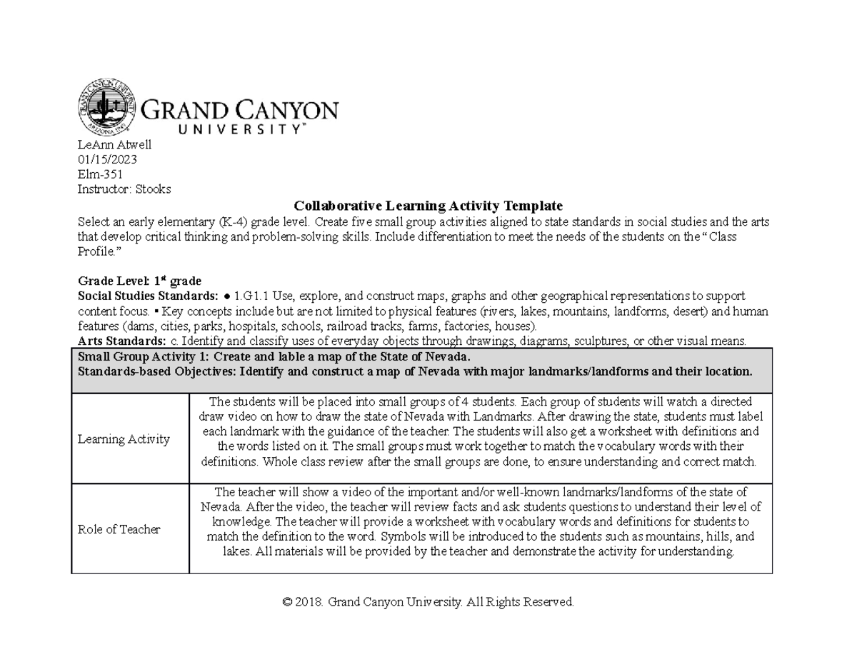 ELM 351 D T5 Collaborative Learning Activity Template for 1st Grade ...