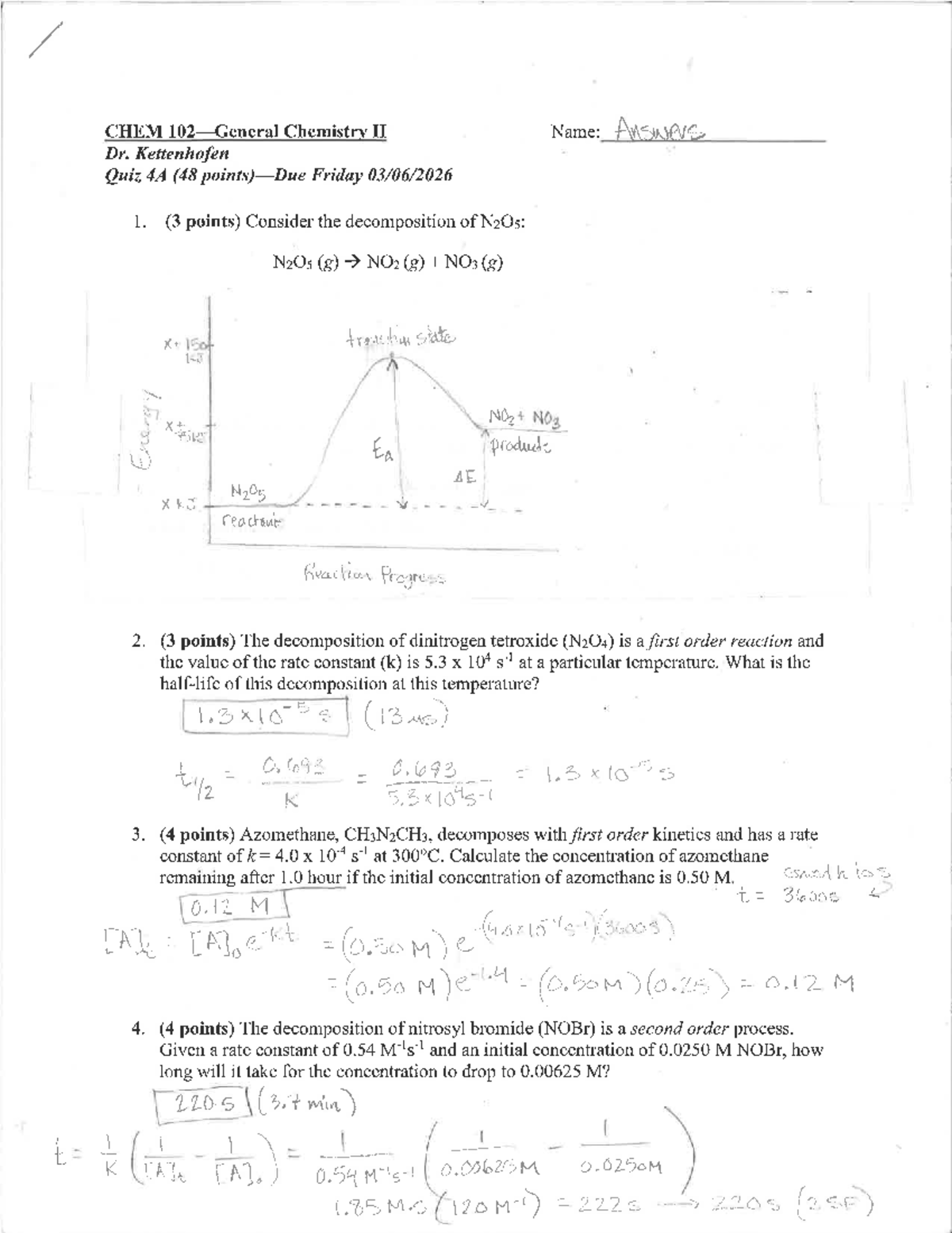 CHEM 102 - Quiz 4A on Reaction Kinetics and Equilibrium - Studocu