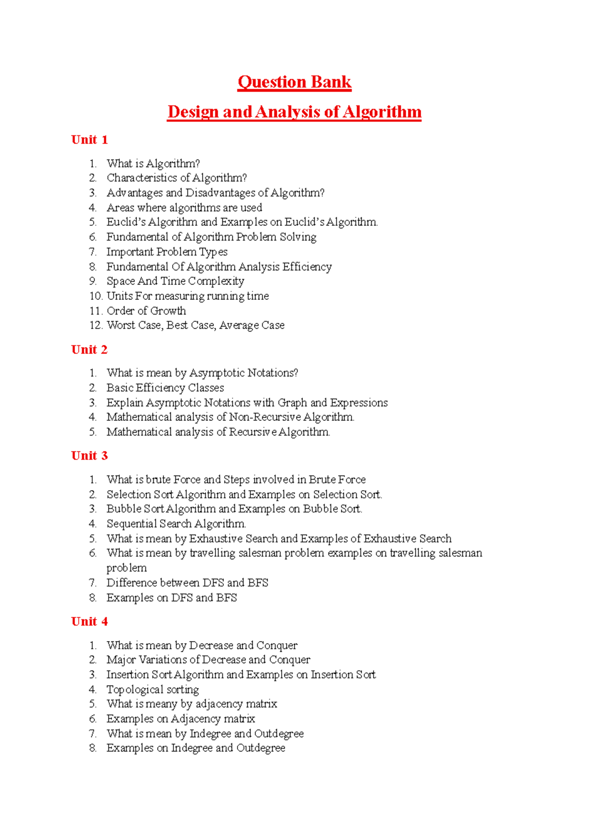 DAA Question Bank: Design & Analysis of Algorithms Overview - Studocu