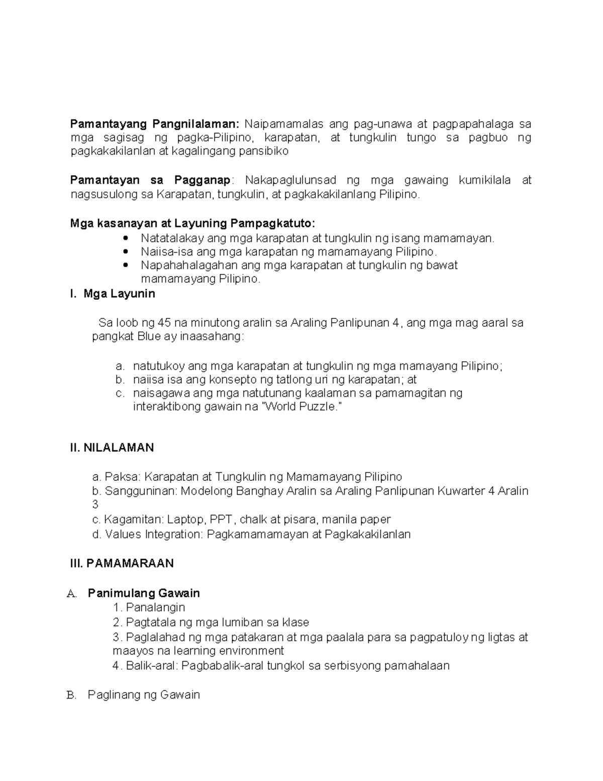 Lesson Plan: Tungkulin ng Mamayang Pilipino sa Araling Panlipunan 4 ...
