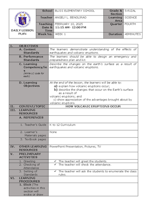 Disaster Preparedness ON Earthquake AND Volcanic Eruption DLP-1 ...