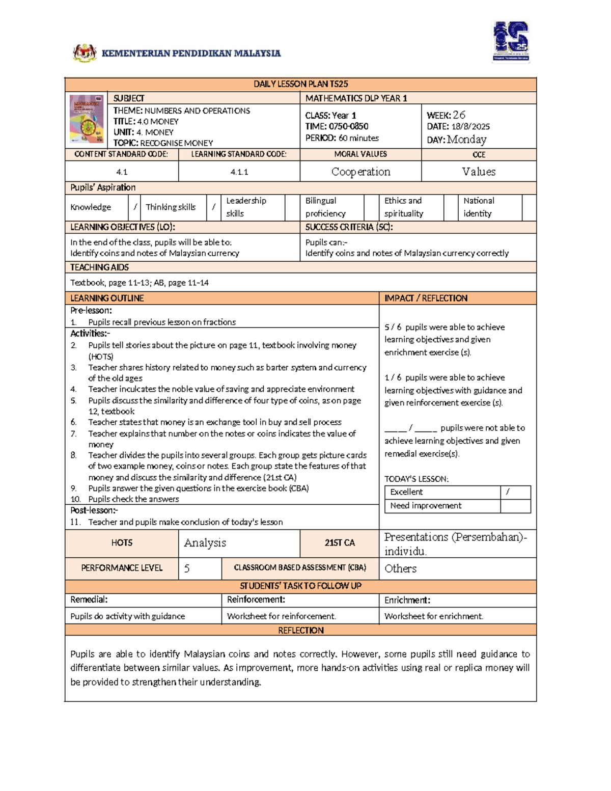 DAILY LESSON PLAN TS25: MONEY UNIT 4 - YEAR 1 MATHEMATICS - Studocu