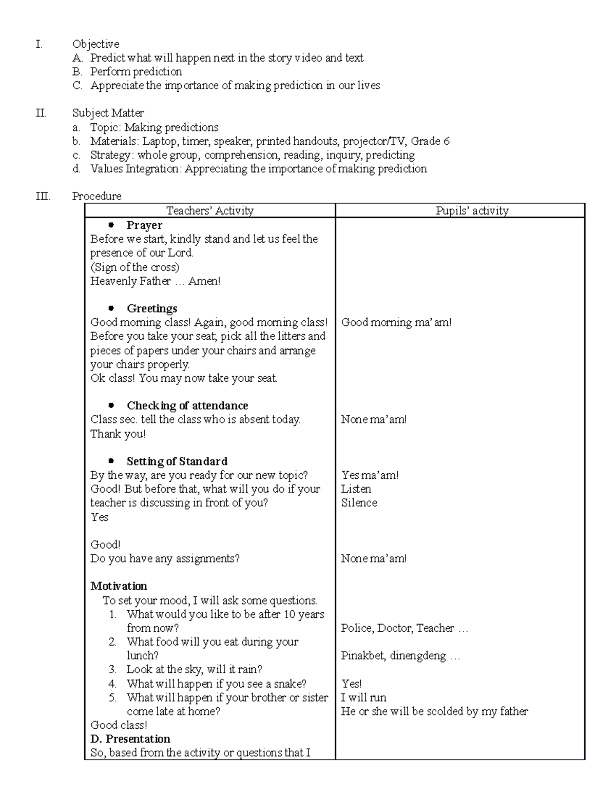 Making Predictions Lesson Plan for Grade 6 - Studocu
