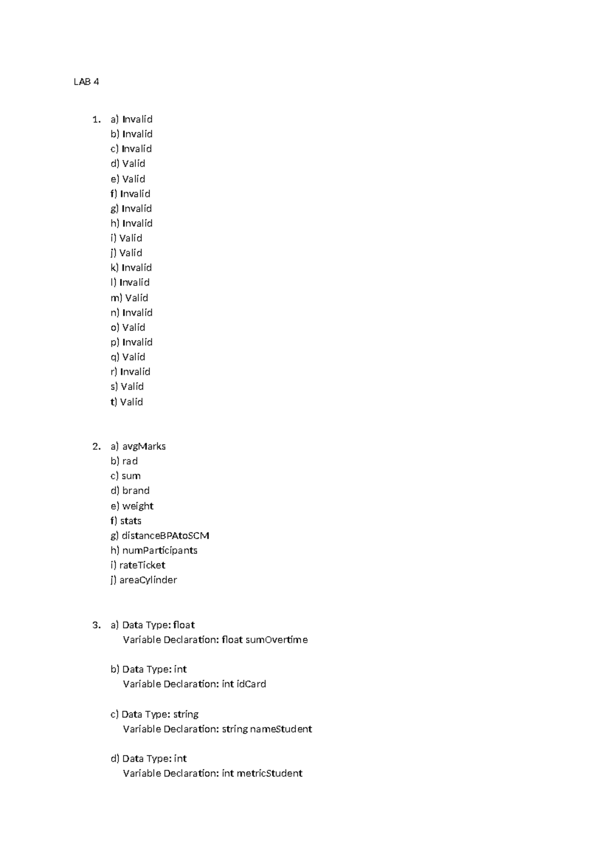 LAB 4: Valid and Invalid Variable Names and Declarations - Studocu