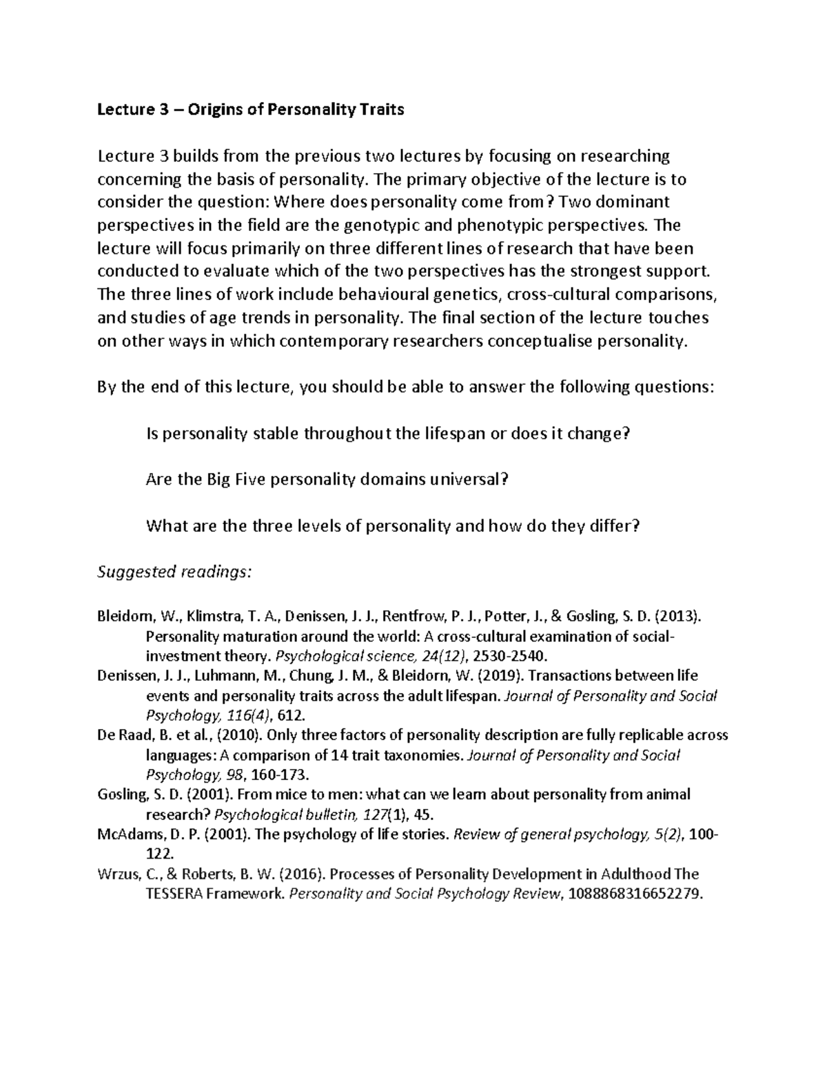 Personality & ID 3: Lecture on Origins of Traits & Research Insights ...