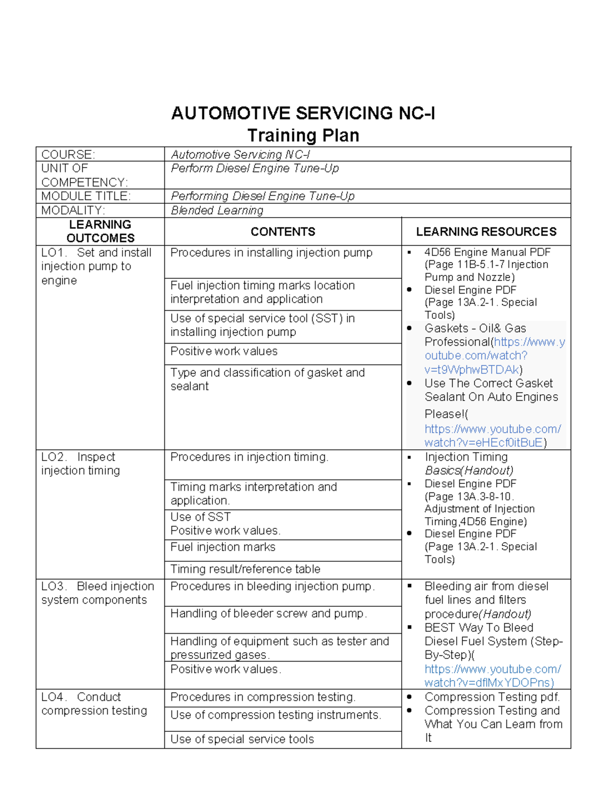467021937 Automotive Servicing NC I: Comprehensive Training Plan - Studocu