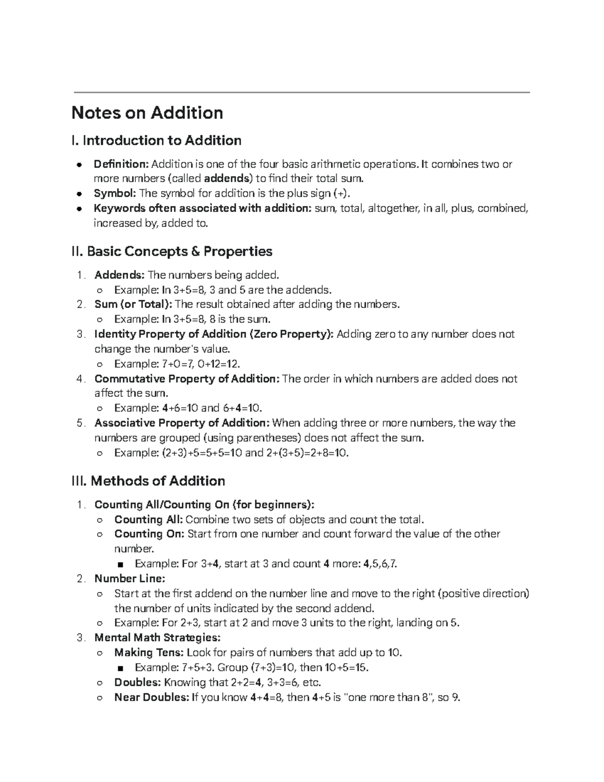 Notes on Addition Concepts and Methods - Math 101 - Studocu