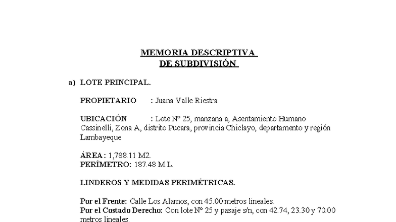 MEMORIA DESCRIPTIVA DE SUBDIVISIÓN - LOTE PRINCIPAL Y RESULTANTES - Studocu