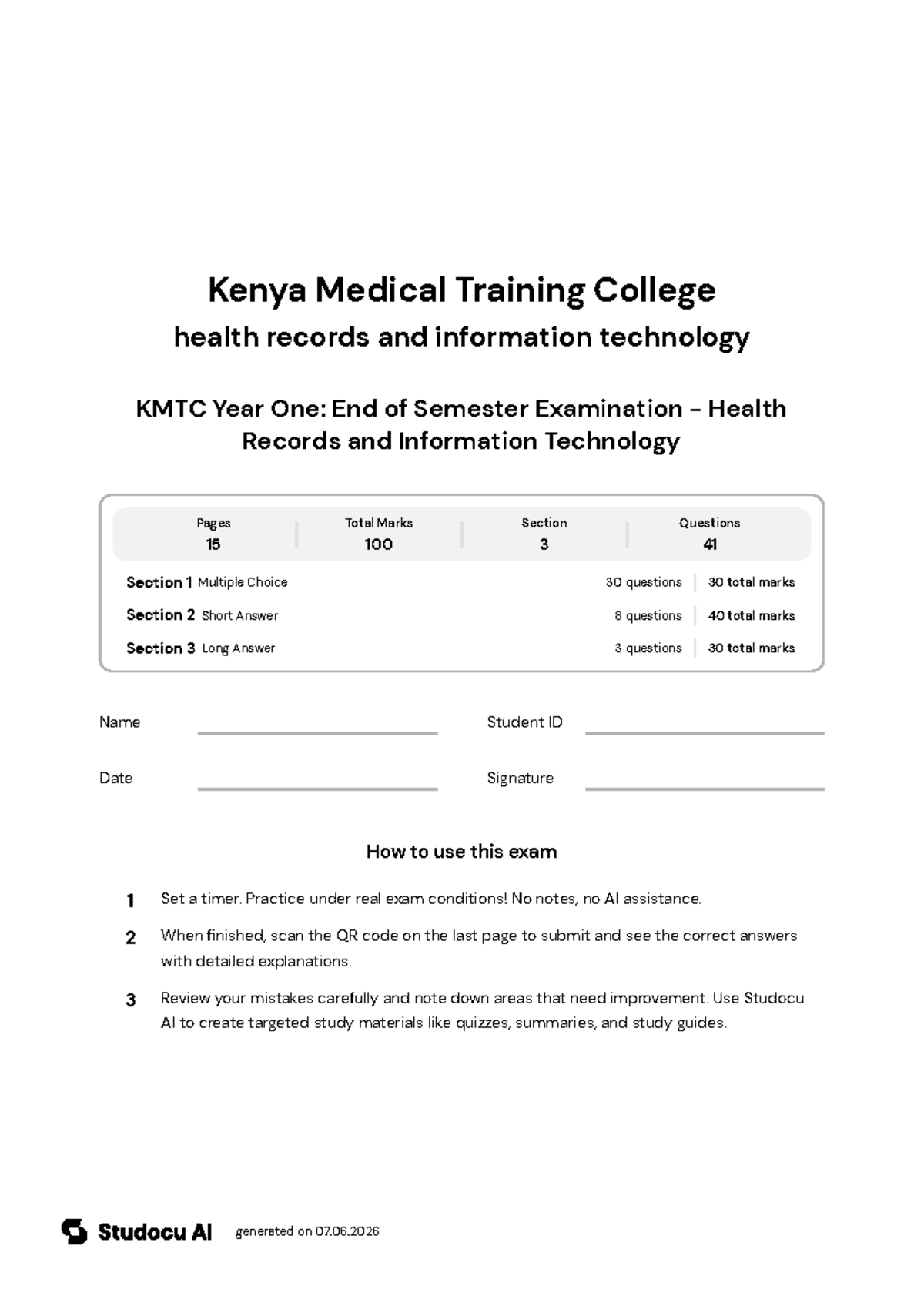 KMTC Year One: End of Semester Exam - Health Records - Studocu