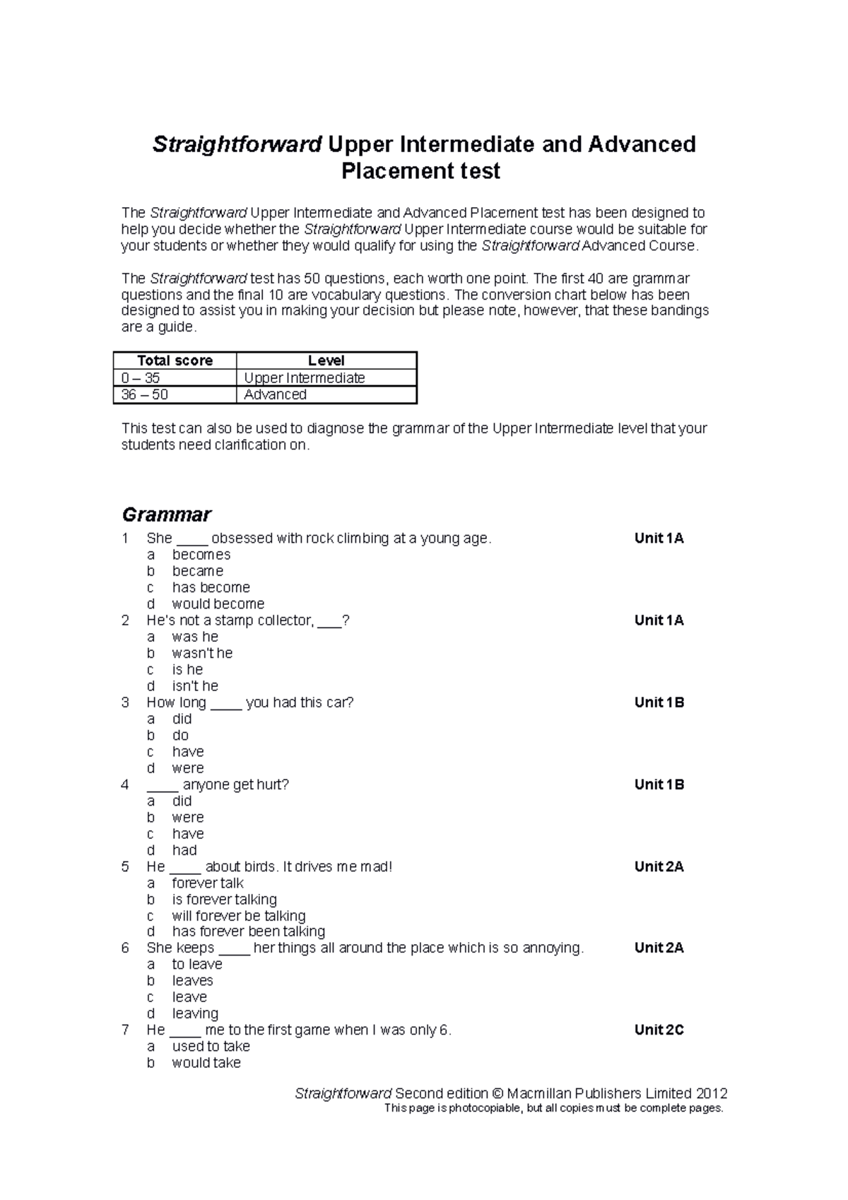 Upper Intermediate & Advanced Placement Test - Straightforward Guide ...