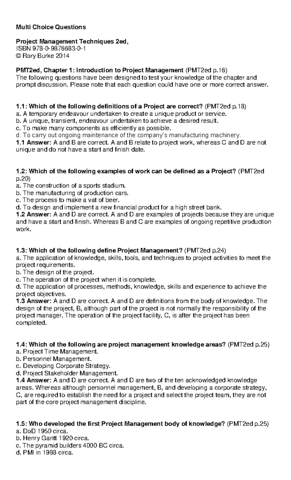 PMT2ed Multi-Choice Questions on Project Management Techniques - Studocu