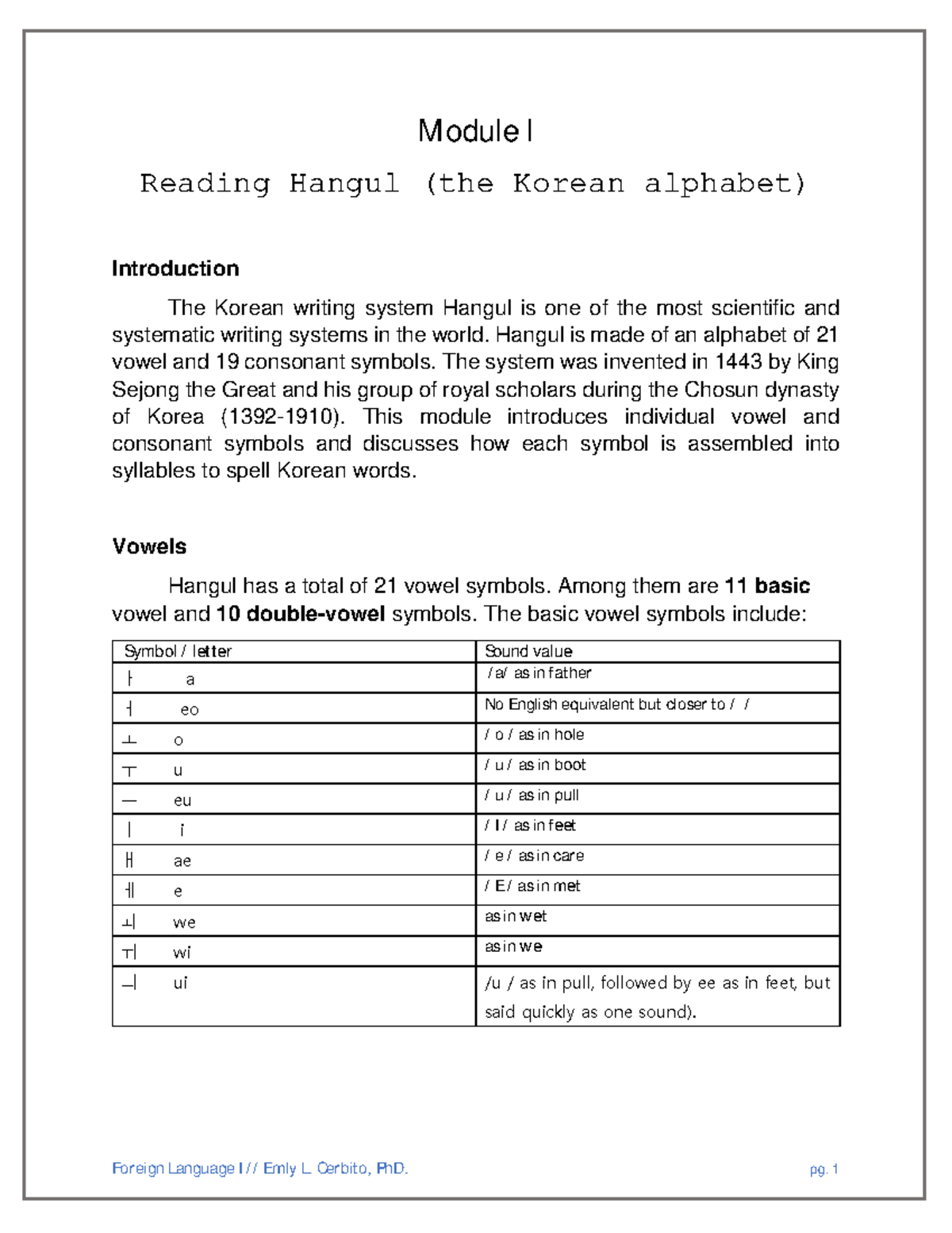 Module-1-FL1 - n/a - M odule I Reading Hangul (the Korean alphabet ...