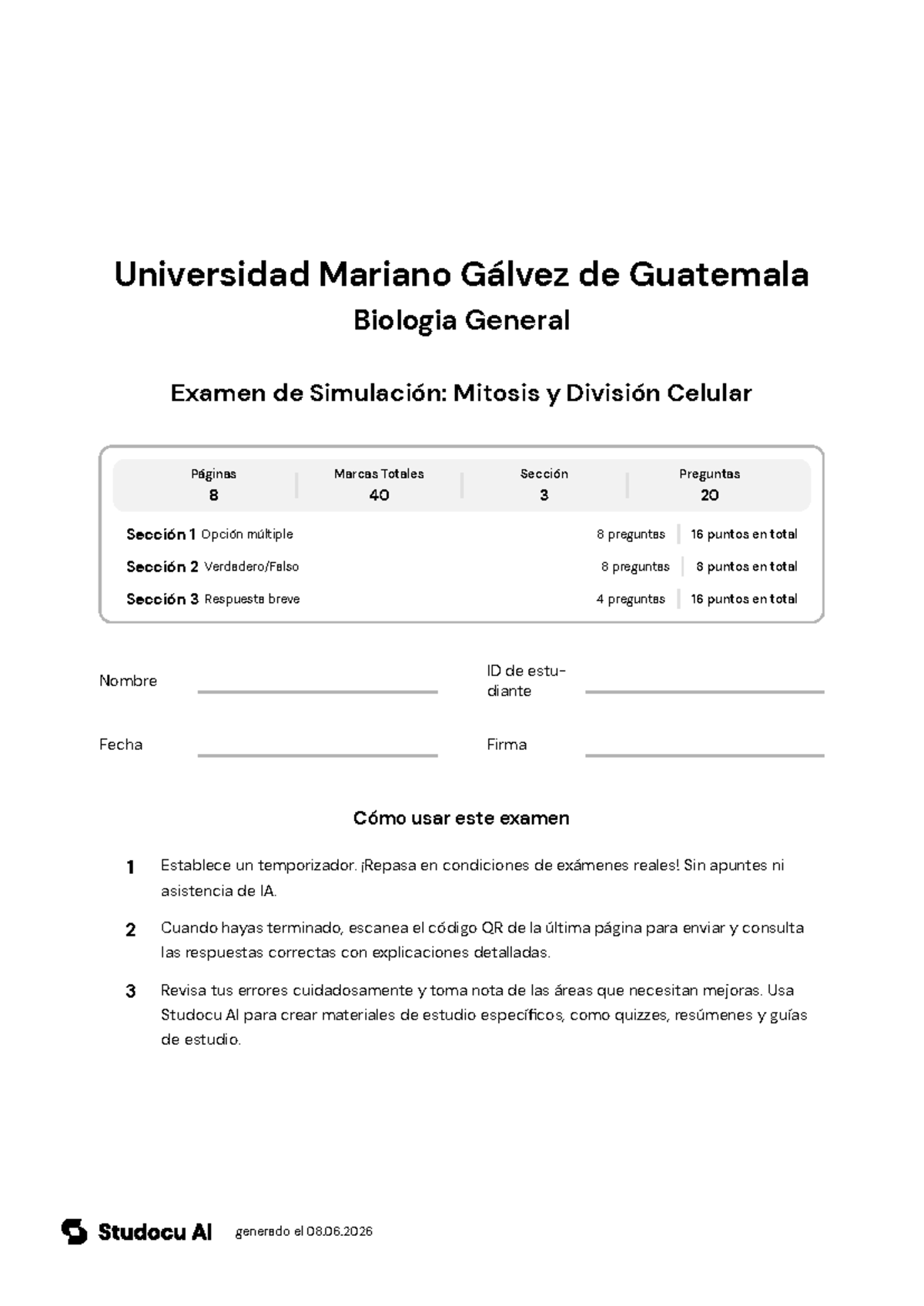 Examen de Simulación: Mitosis y División Celular - Studocu