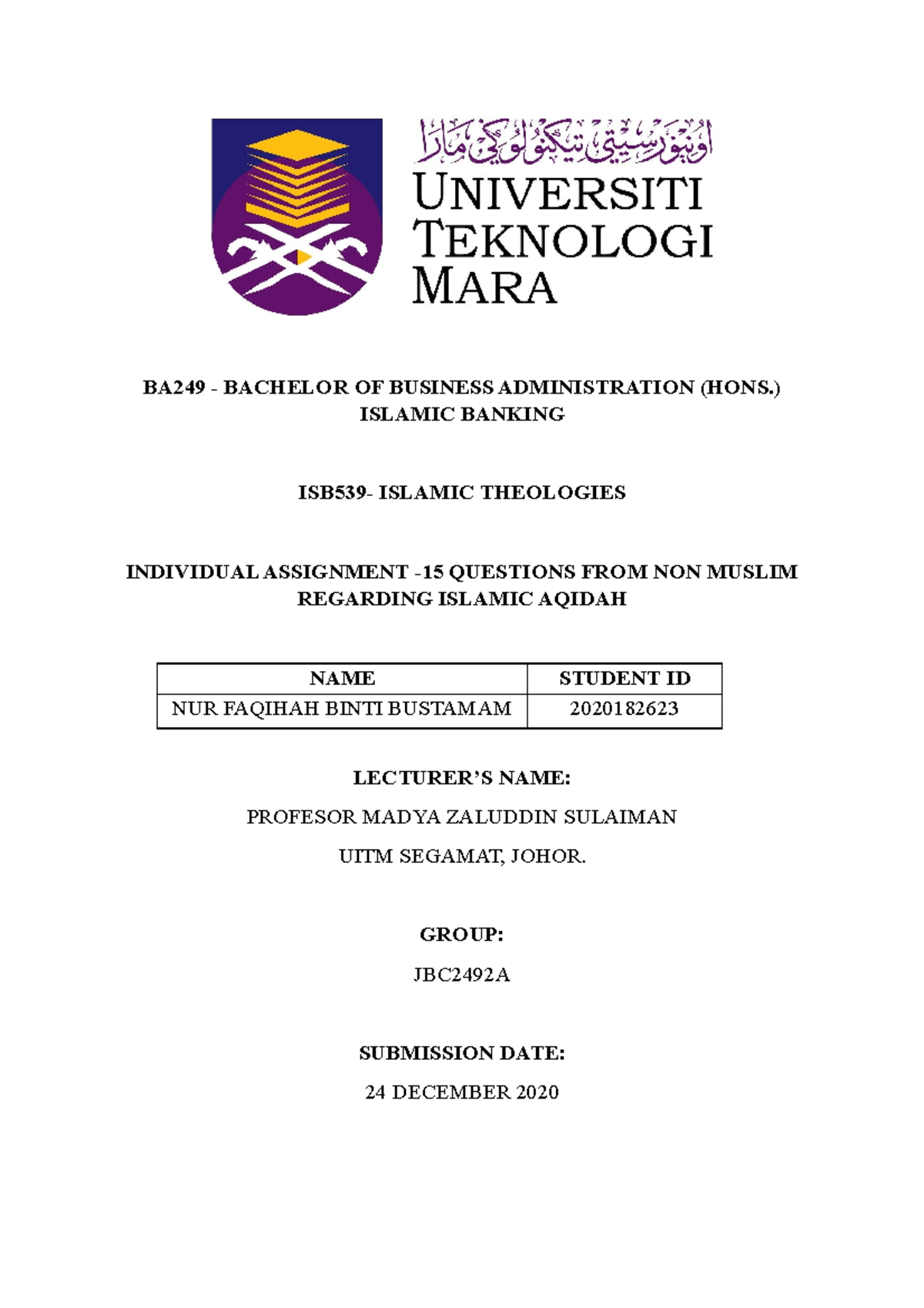 ISB539 - Individual Assignment: Responses to 15 Non-Muslim Questions on ...