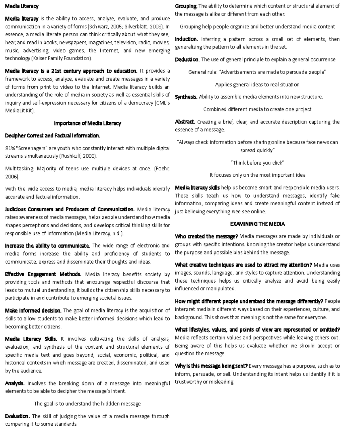 Media and Cyber Literacy: Understanding Media Messages and Digital ...