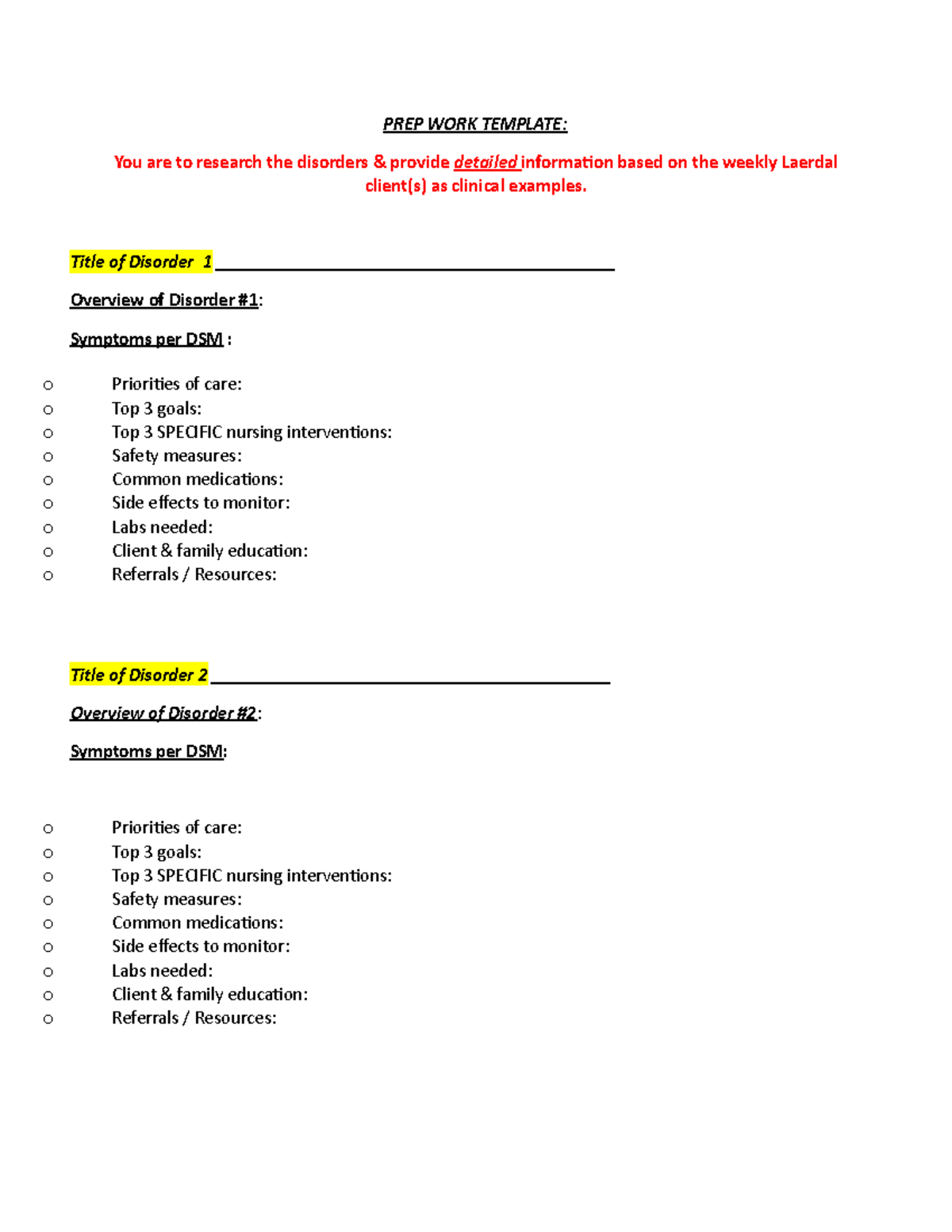 Clinical Work Prep Template - Disorder Research & Interventions - Studocu