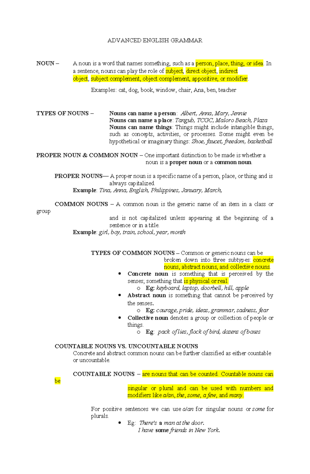 Nouns and Pronouns - module - ADVANCED ENGLISH GRAMMAR NOUN – A noun is ...
