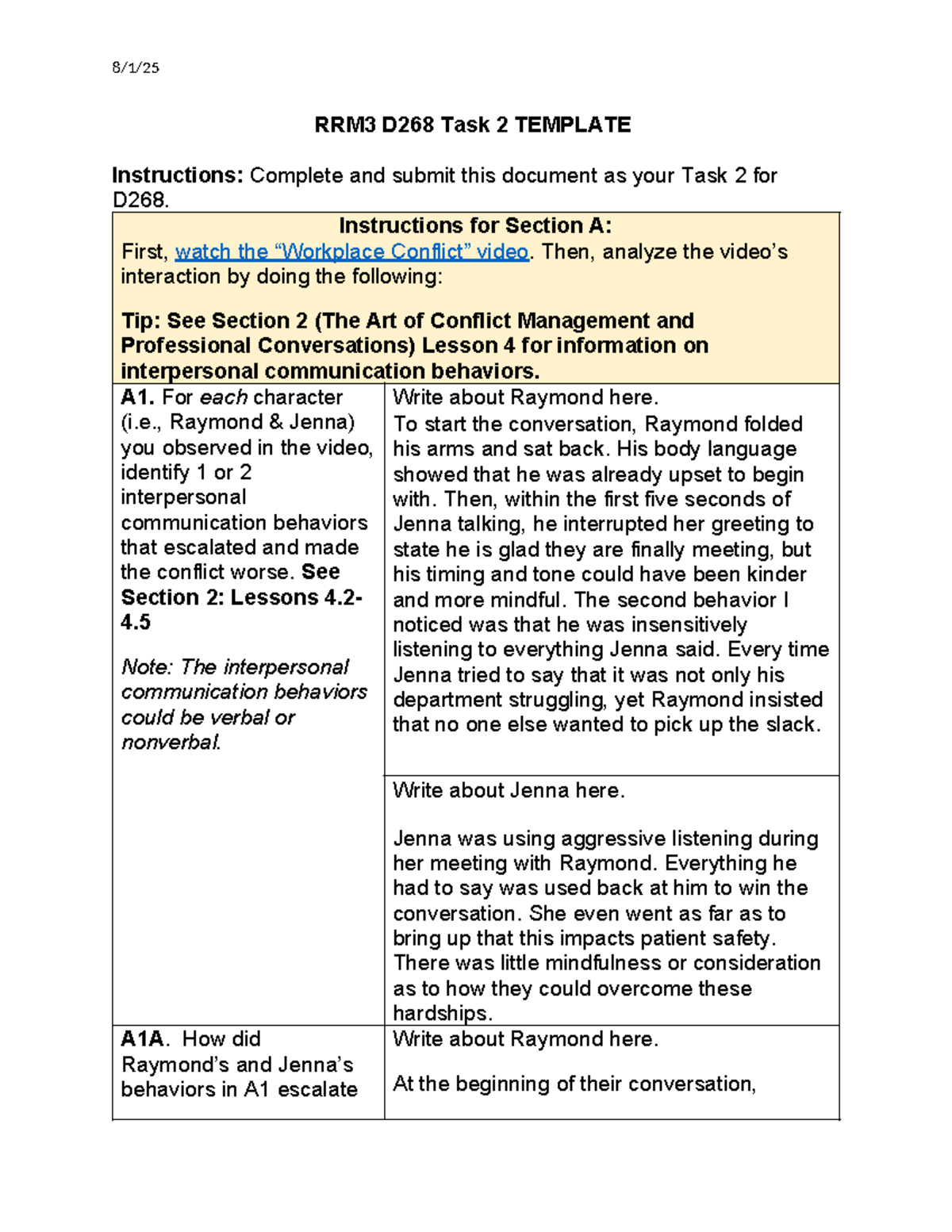 RRM3 D268 Task 2: Analyzing Interpersonal Communication in Conflict ...