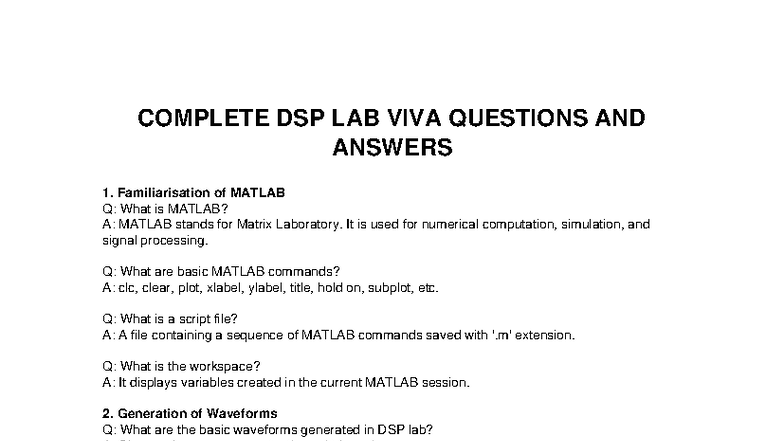 DSP LAB VIVA Q&A: MATLAB, Waveforms, Modulation & Convolution - Studocu