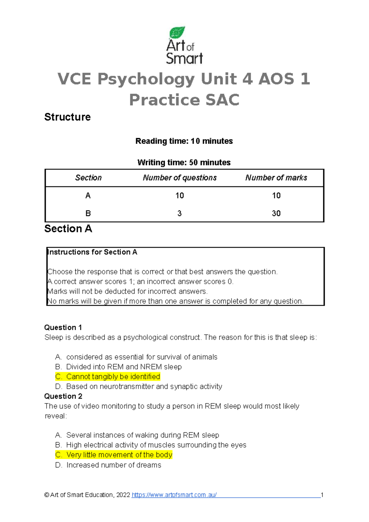 VCE Psychology Unit 4 AOS 1 Practice SAC Exam Structure Guide - Studocu