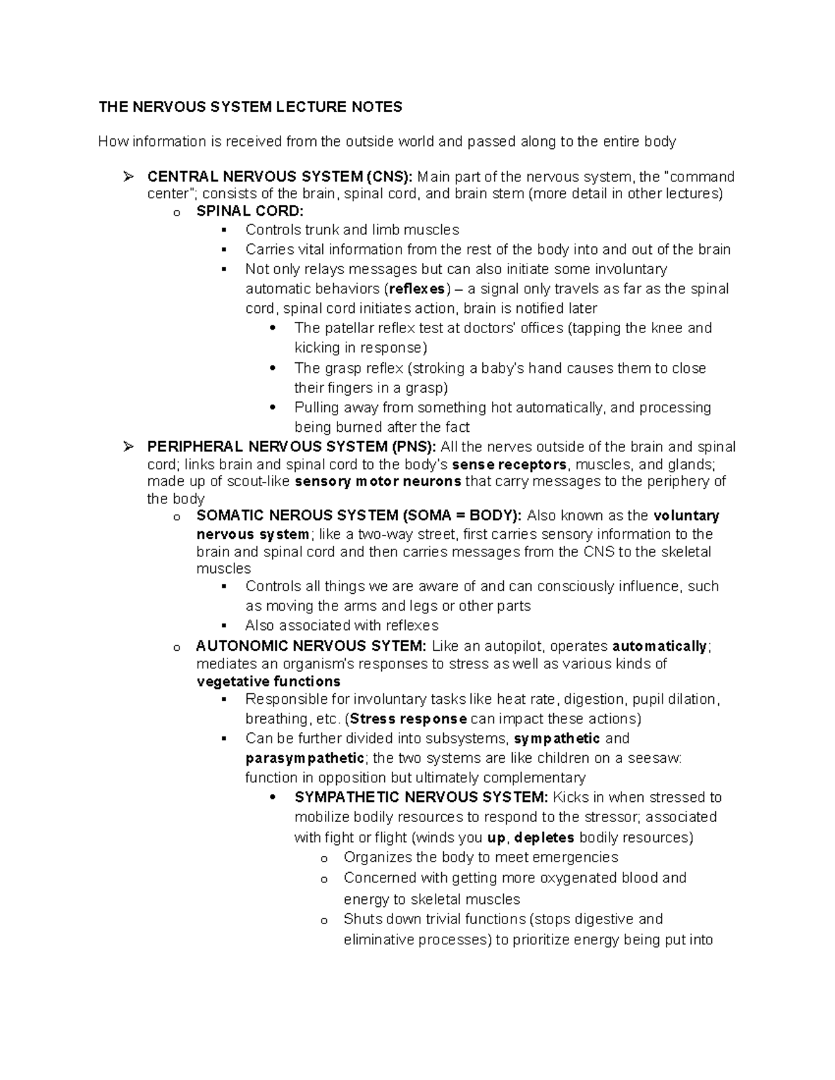 Nervous System Lecture Notes: CNS & PNS Overview - Studocu
