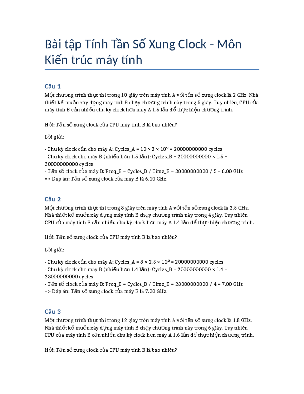 Bài Tập Tính Tần Số Xung Clock - Kiến Trúc Máy Tính - Studocu
