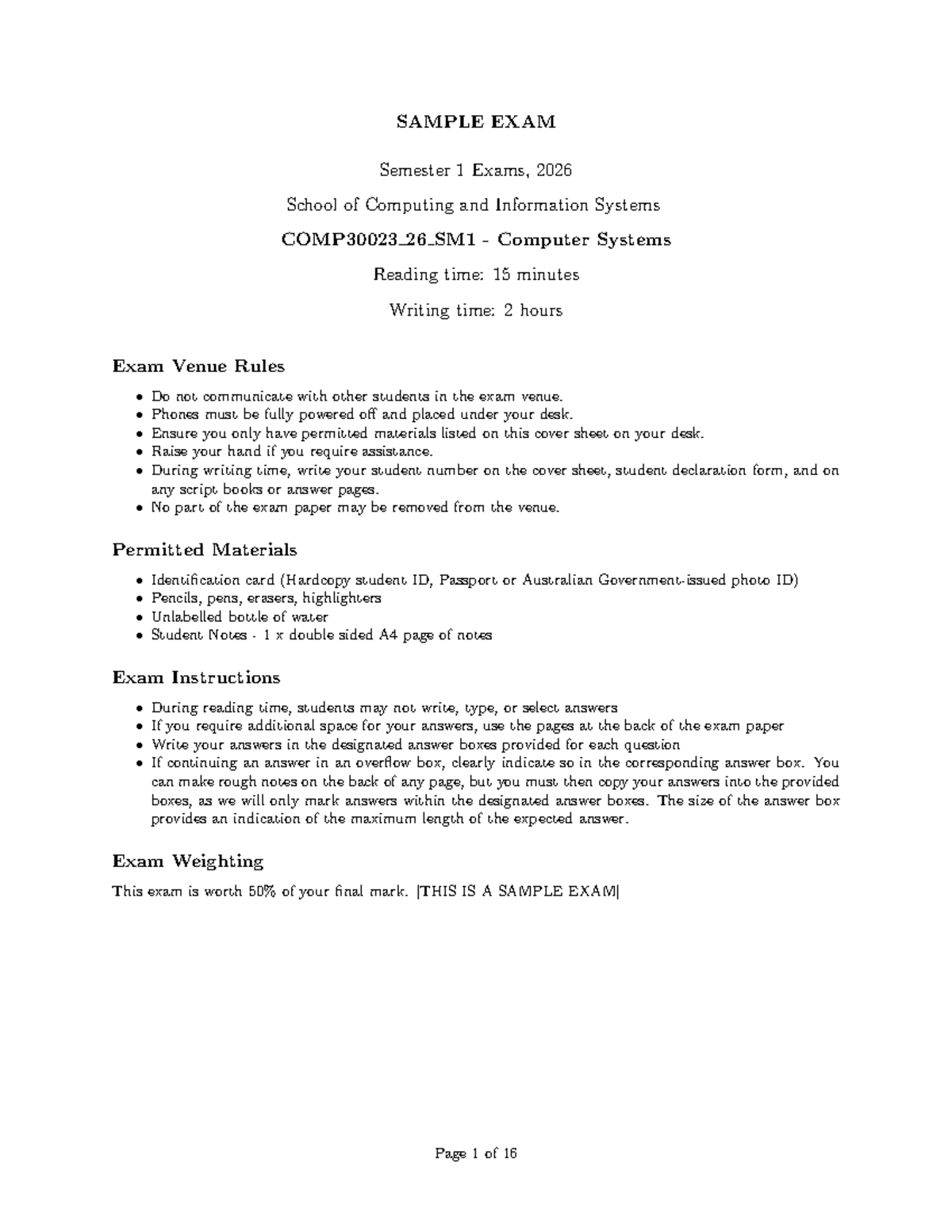 COMP30023 2026 Sample Exam Solutions for Computer Systems - Studocu