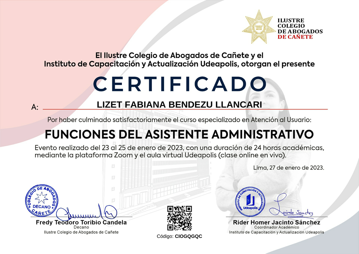 Certificado de Curso: Atención al Usuario - Asistente Administrativo CIOGQGQC - Studocu