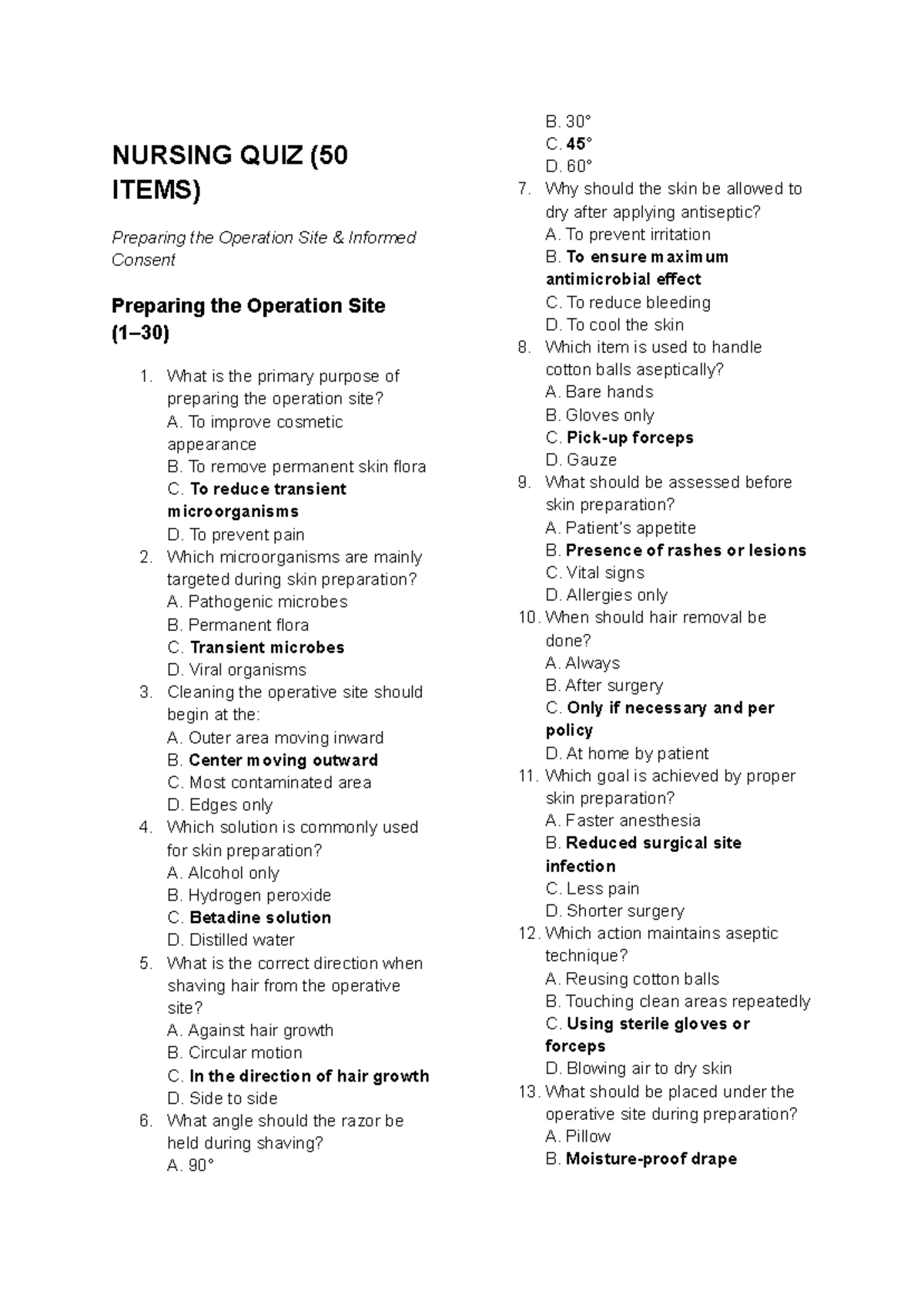 NURSING QUIZ (50 ITEMS): Preparing Operative Site & Informed Consent ...