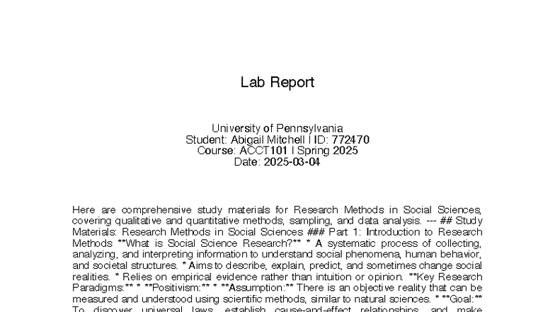 ACCT101 Lab Report: Research Methods in Social Sciences Study Guide ...