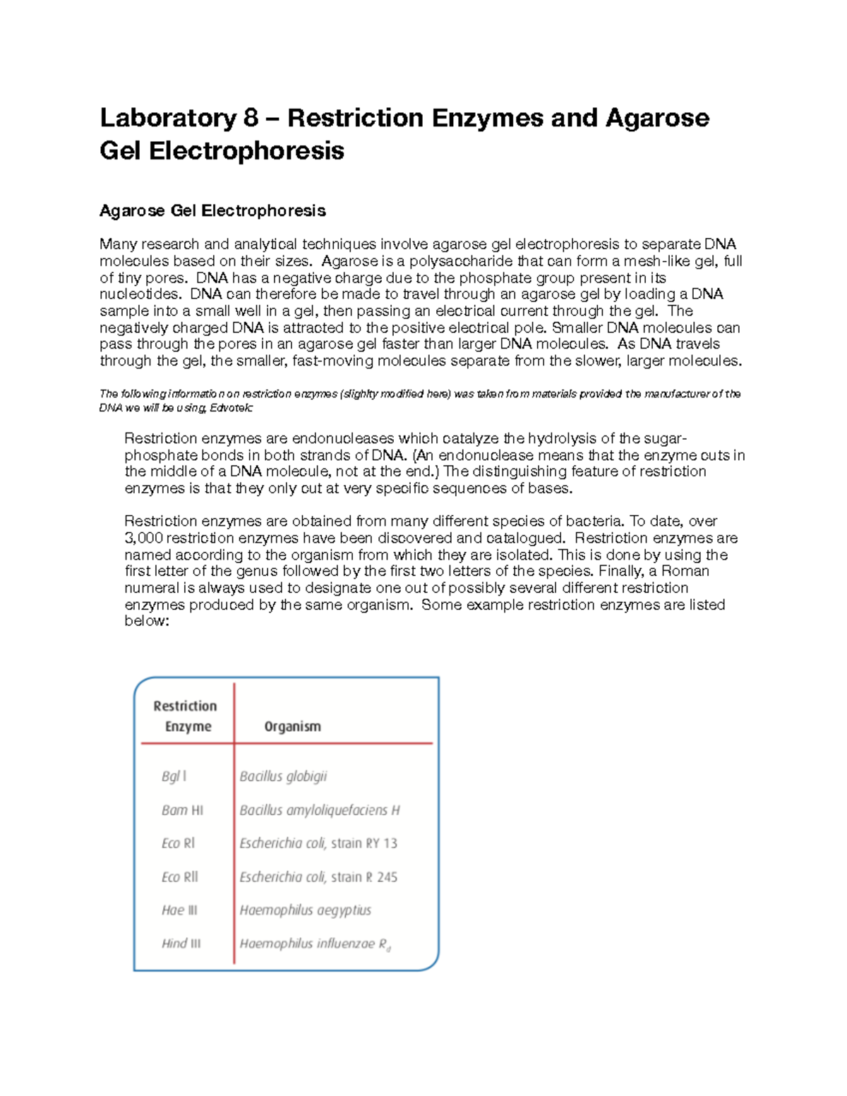 Laboratory 8 - Restriction Enzymes & Agarose Gel Electrophoresis ...
