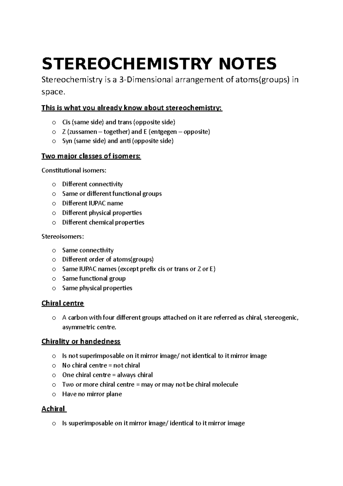 Stereochemistry Lecture Notes: Understanding Isomers and Chirality ...